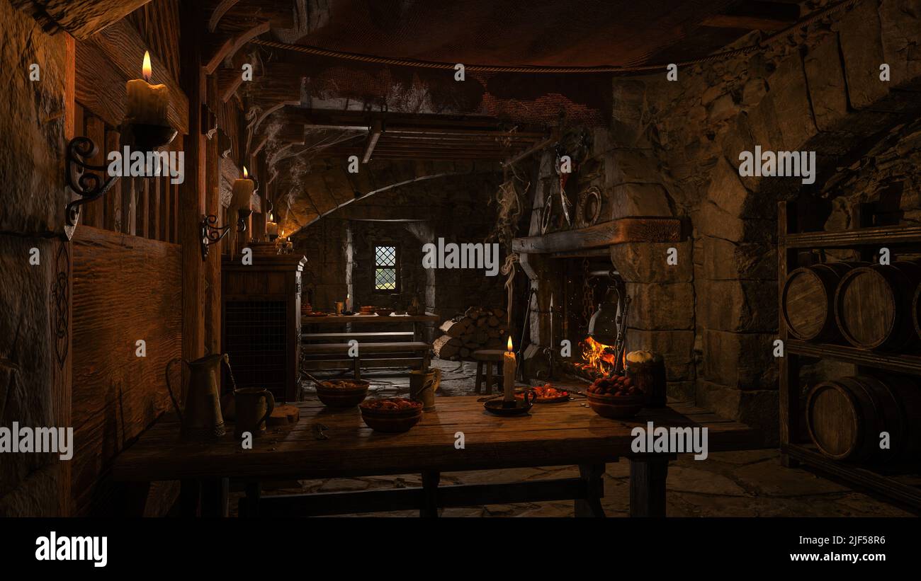 Dark atmospheric medieval tavern bar with food and drink on tables ...