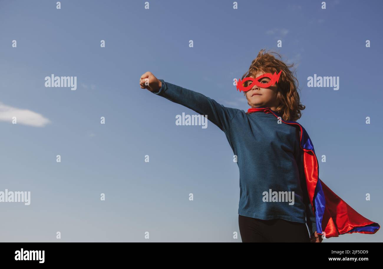 Excited child boy dressed like superhero. Super hero concept Stock ...