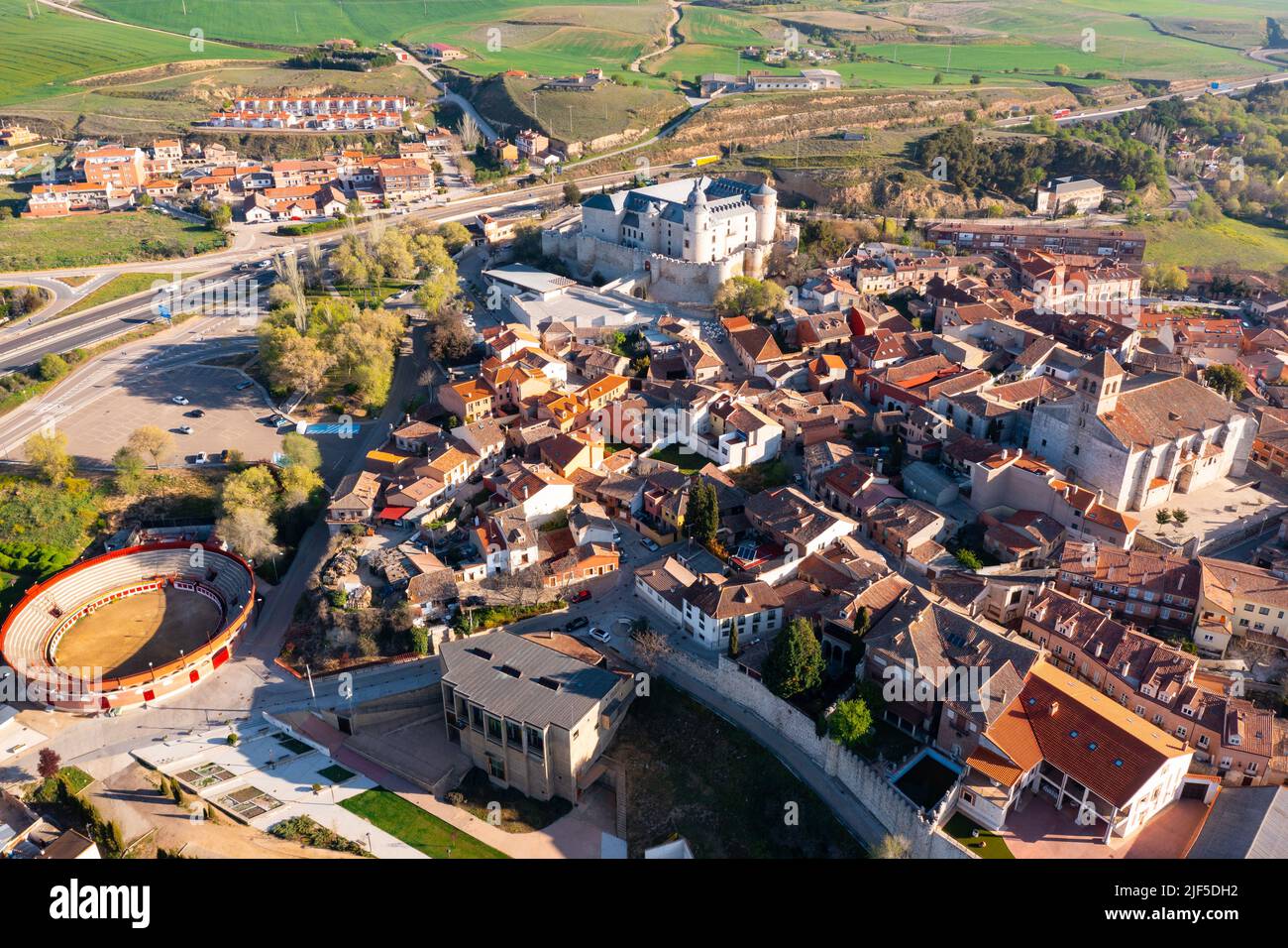 Aerial view of Simancas overlooking bullring and medieval castle Stock ...