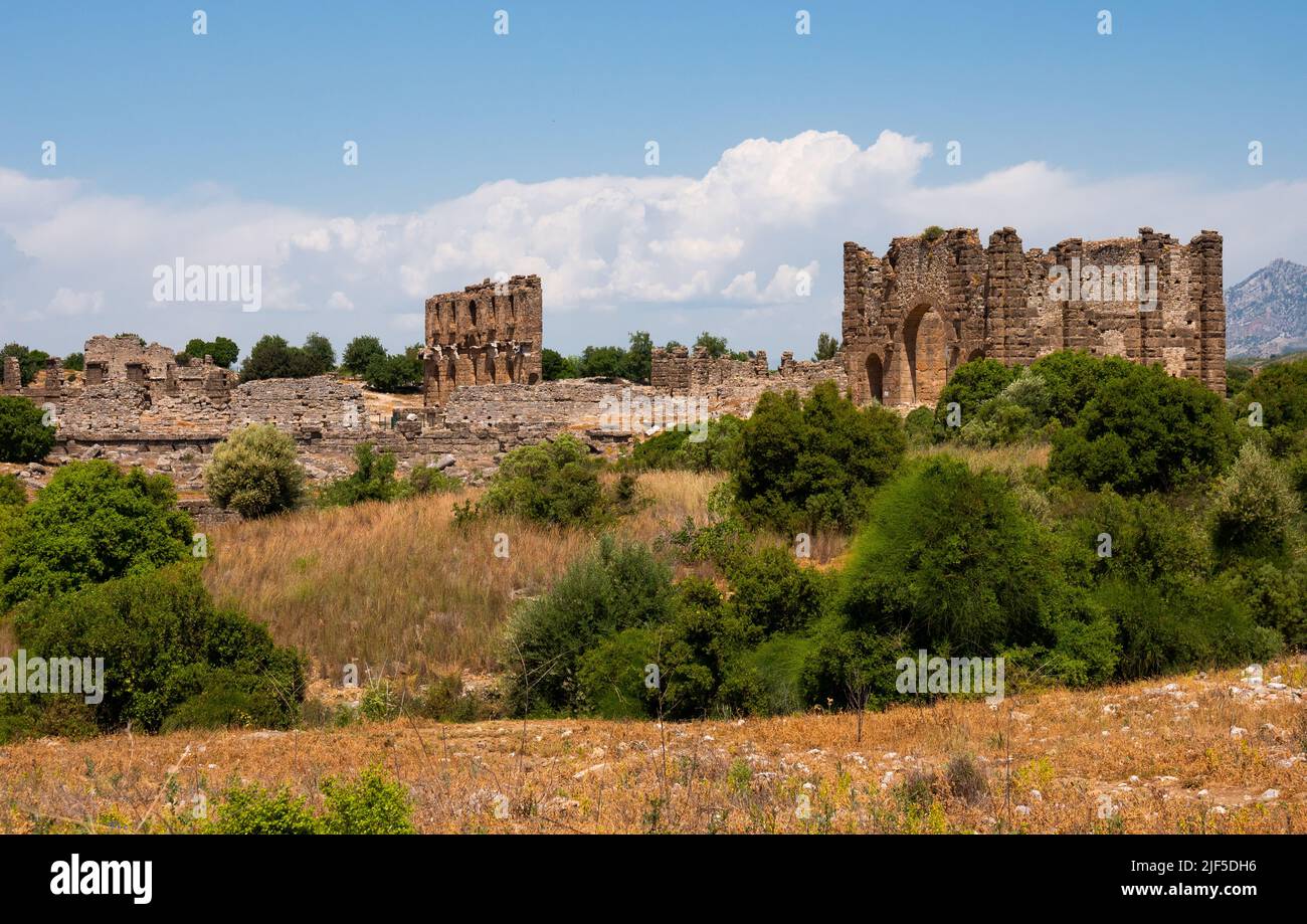 Ruins of Nymphaeum and Bazilika of ancient city Aspendos. Turkey Stock ...