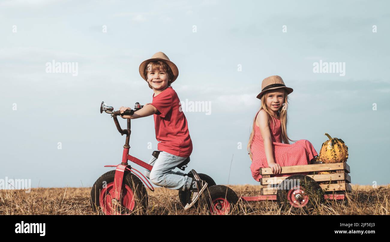 Cute children riding on tricycle on farm. Children farmer concept ...
