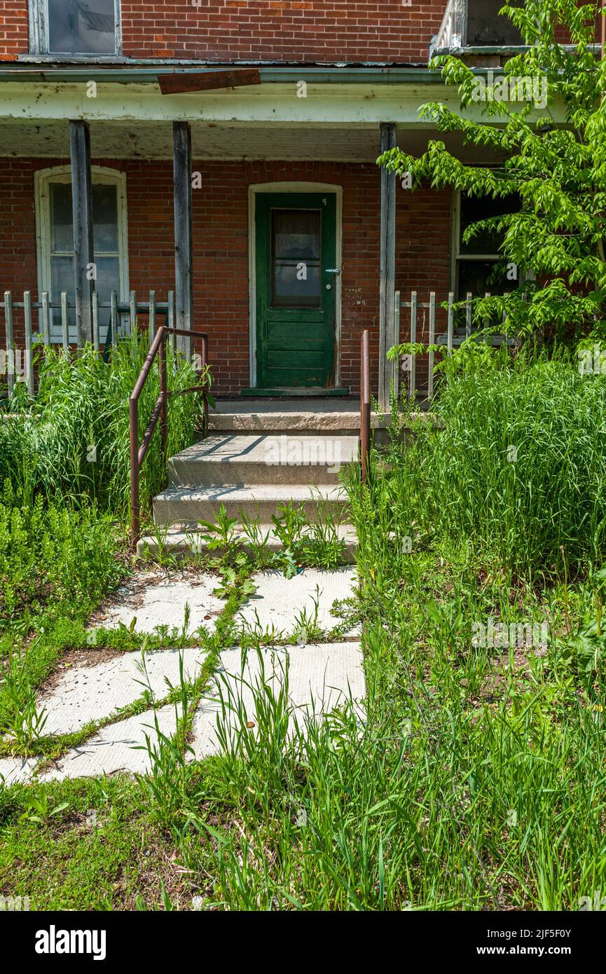 Entry to brick house overgrown with grass Stock Photo - Alamy