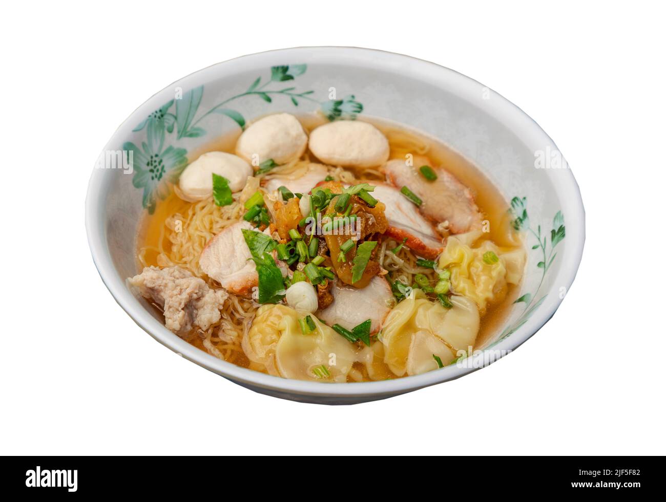 Traditional egg noodles soup with Fish ball, Red barbecue pork, Wontons ...