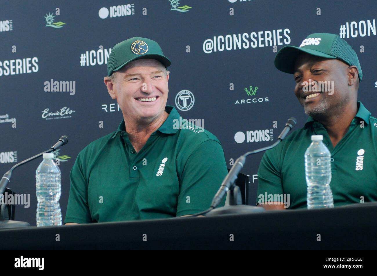 Jersey, United States. 29th June, 2022. Ernie Els and Brian Lara attend ...