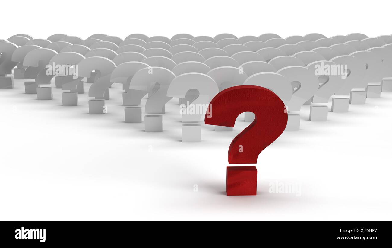 3d render of a row of red capital question marks on a white background ...