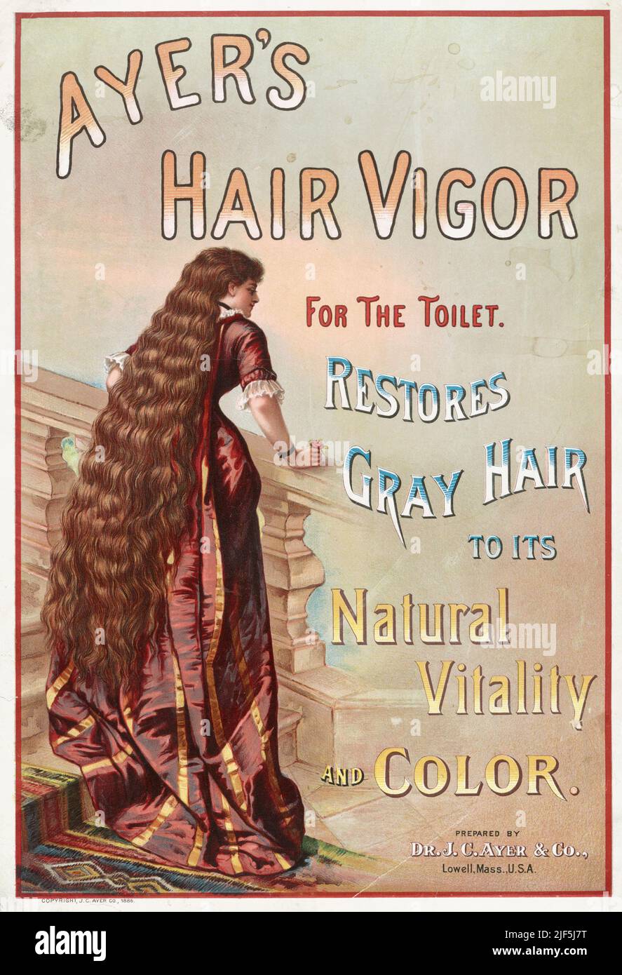 1886 ad for Ayer's Hair Vigor For the Toilet. Restores Gray Hair to its ...