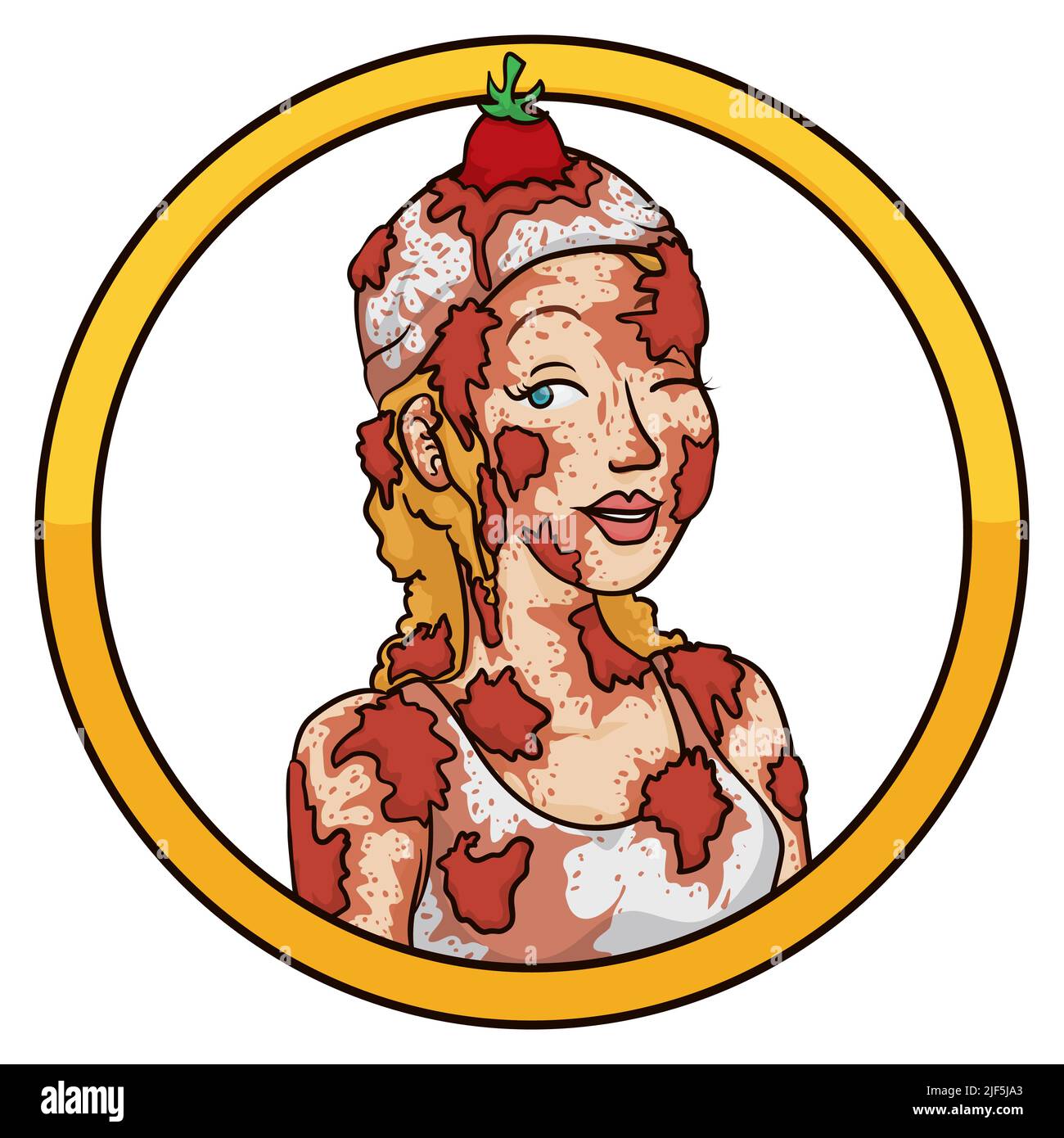 Golden round button with pretty blonde woman covered with tomatoes ...
