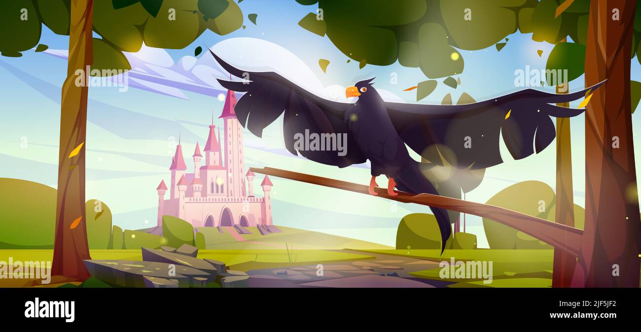 Black eagle, falcon or hawk sit on tree branch over landscape with pink ...