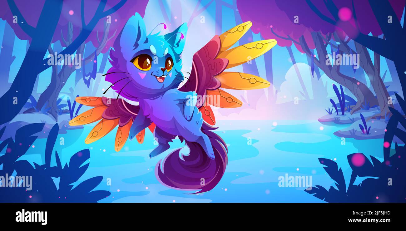 Cute monster cat on alien or fantasy planet landscape. Cartoon funny ...