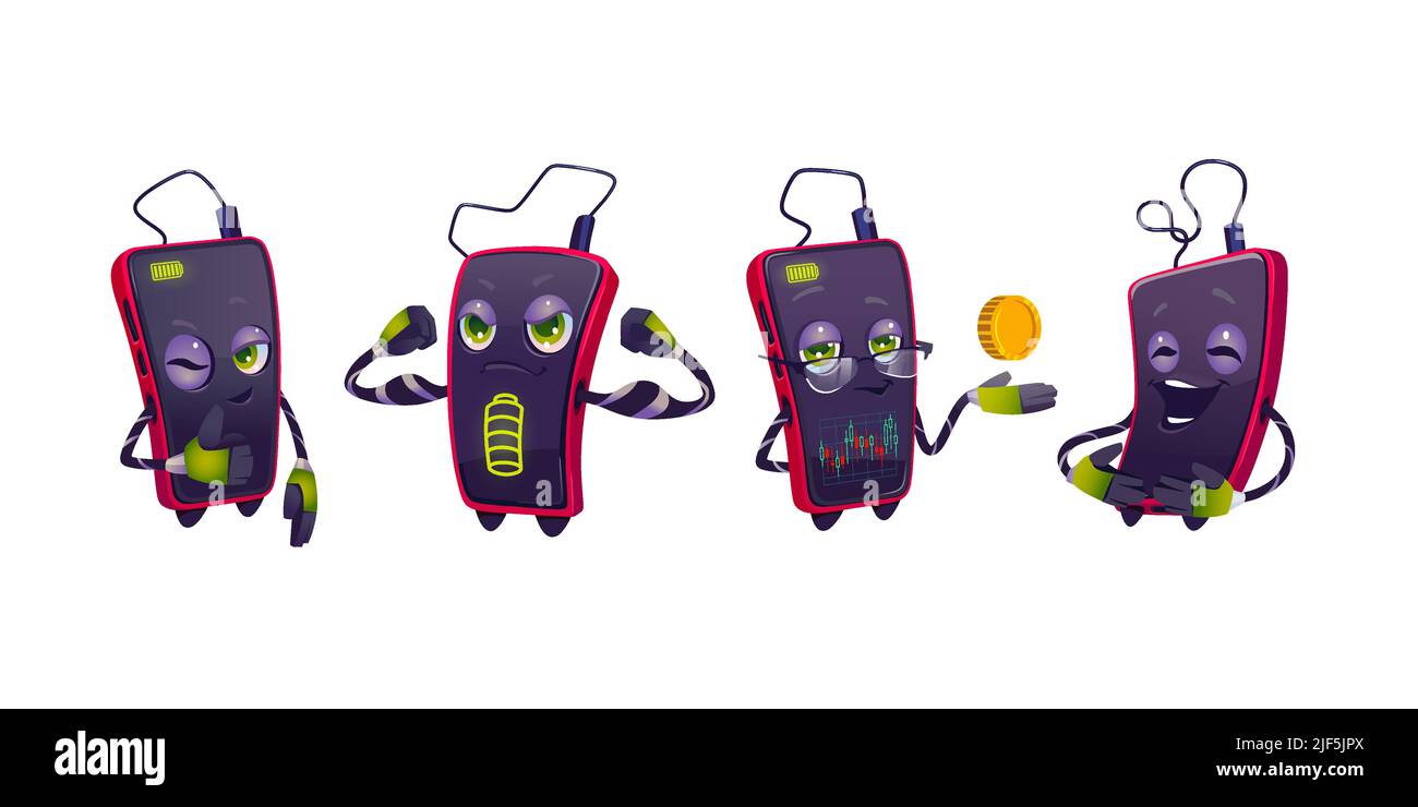 Cute smartphone character, mobile phone mascot in different poses ...