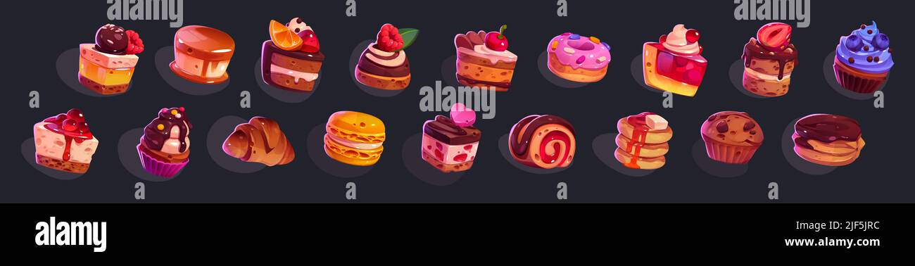 Game icons cakes, sweets and desserts. Cartoon 2d ui graphic elements ...