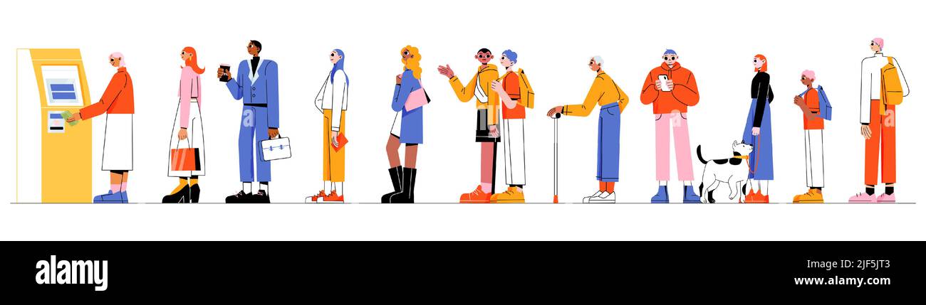 People at atm queue. Diverse characters stand in line waiting turn to draw or put money to ...