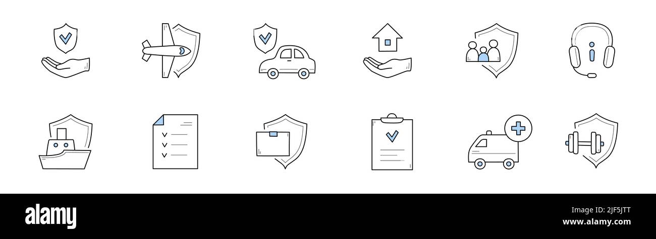 Insurance service doodle icons. Vector signs health, life and property ...