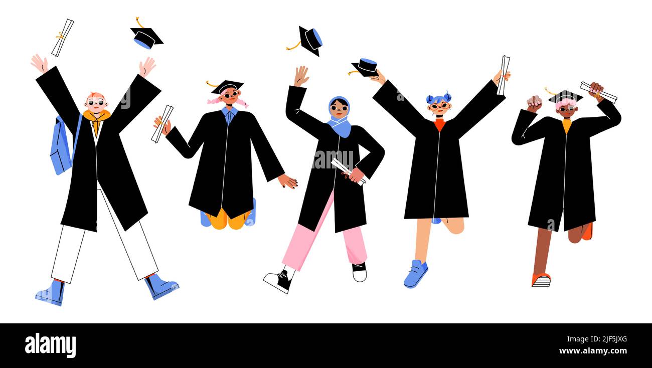 Happy college or university students, graduates jump and throw up ...