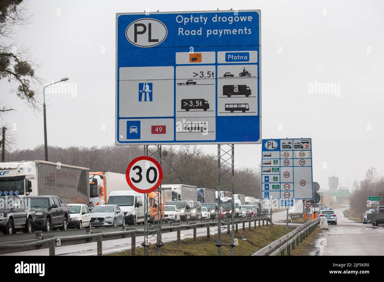Road signs informing about the traffic regulations in Poland seen at ...