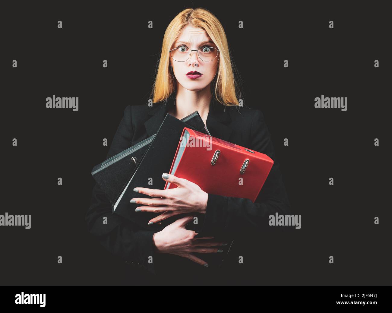 Businesswoman or secretary with folders , black isolated Stock Photo ...