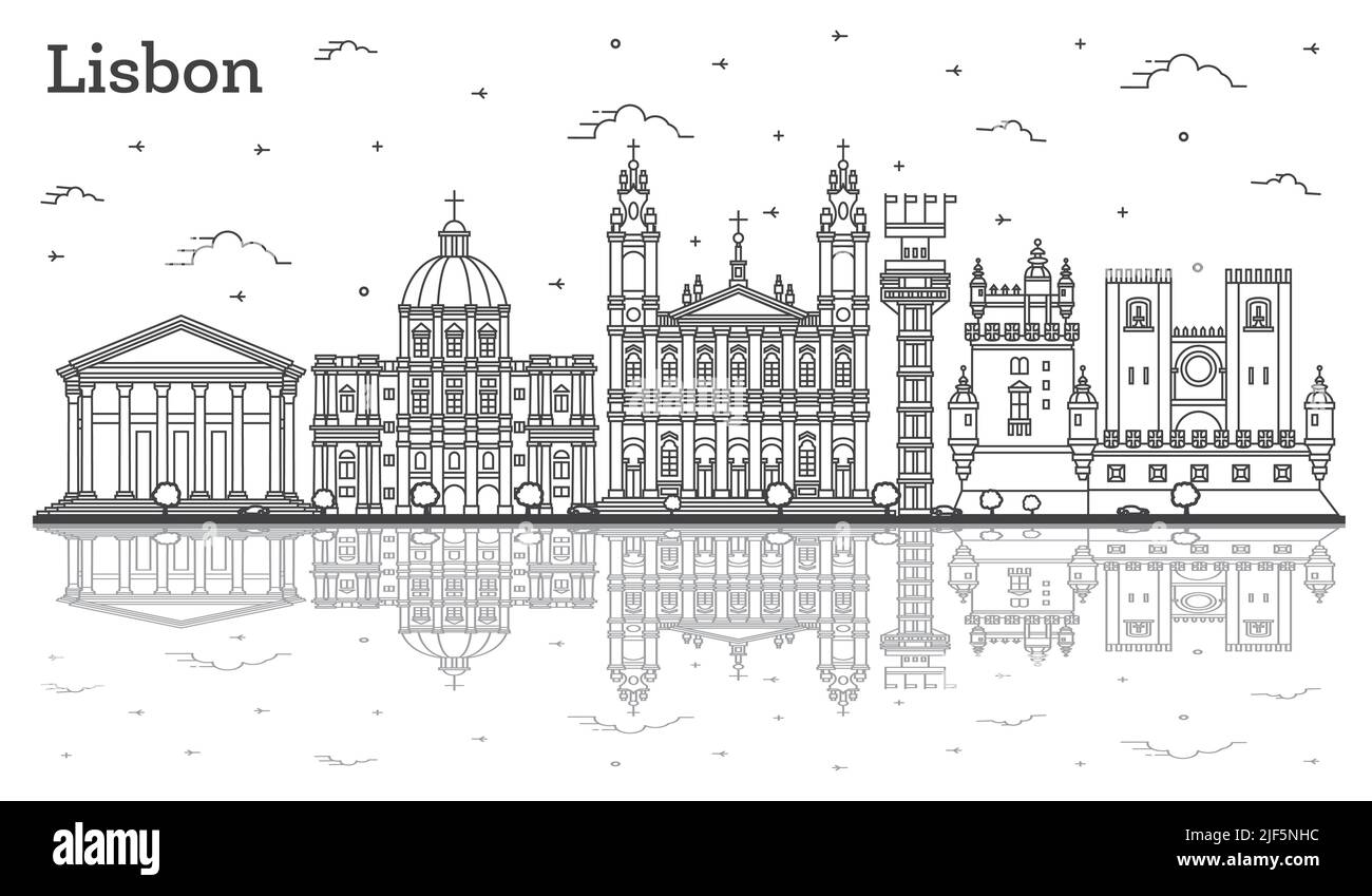 Outline Lisbon Portugal City Skyline with Historic Buildings and ...