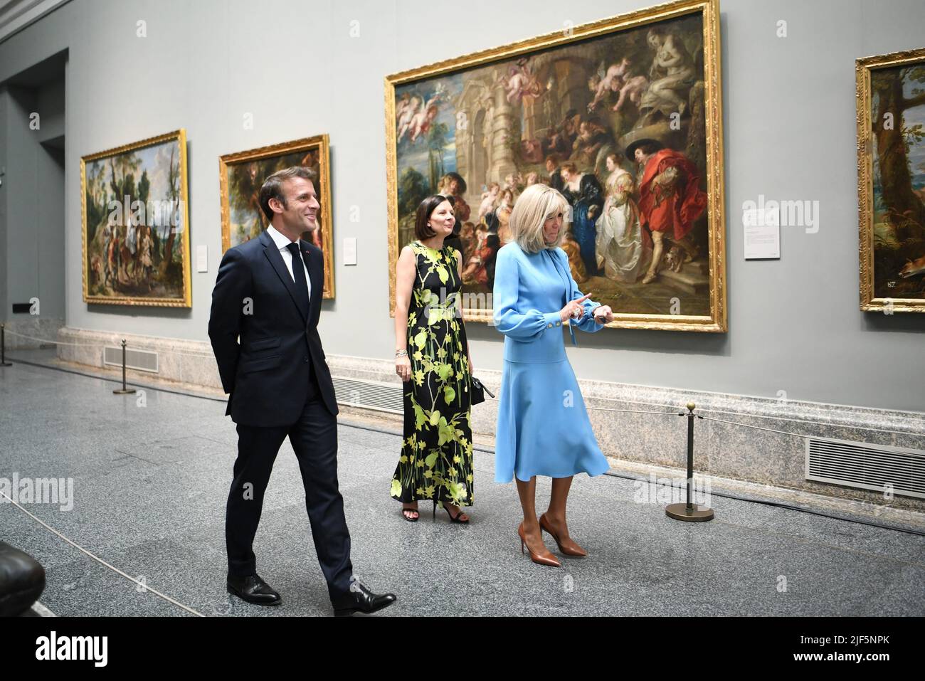 Madrid, Spain, June 29, 2022, French President Emmanuel Macron (L), his ...