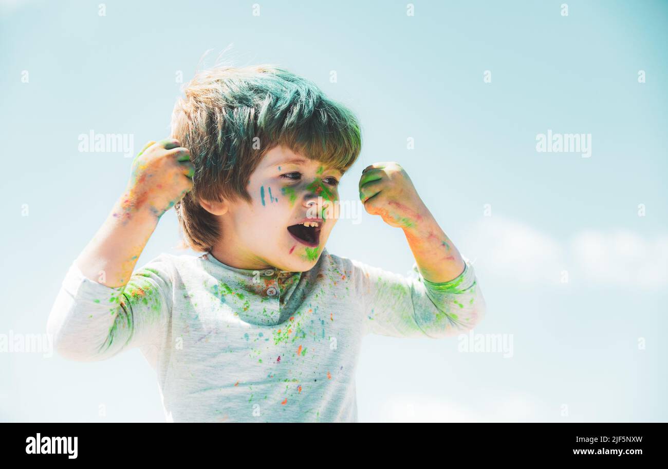 Portrait of cute Kids with painted hand and faces. Funny child Stock ...