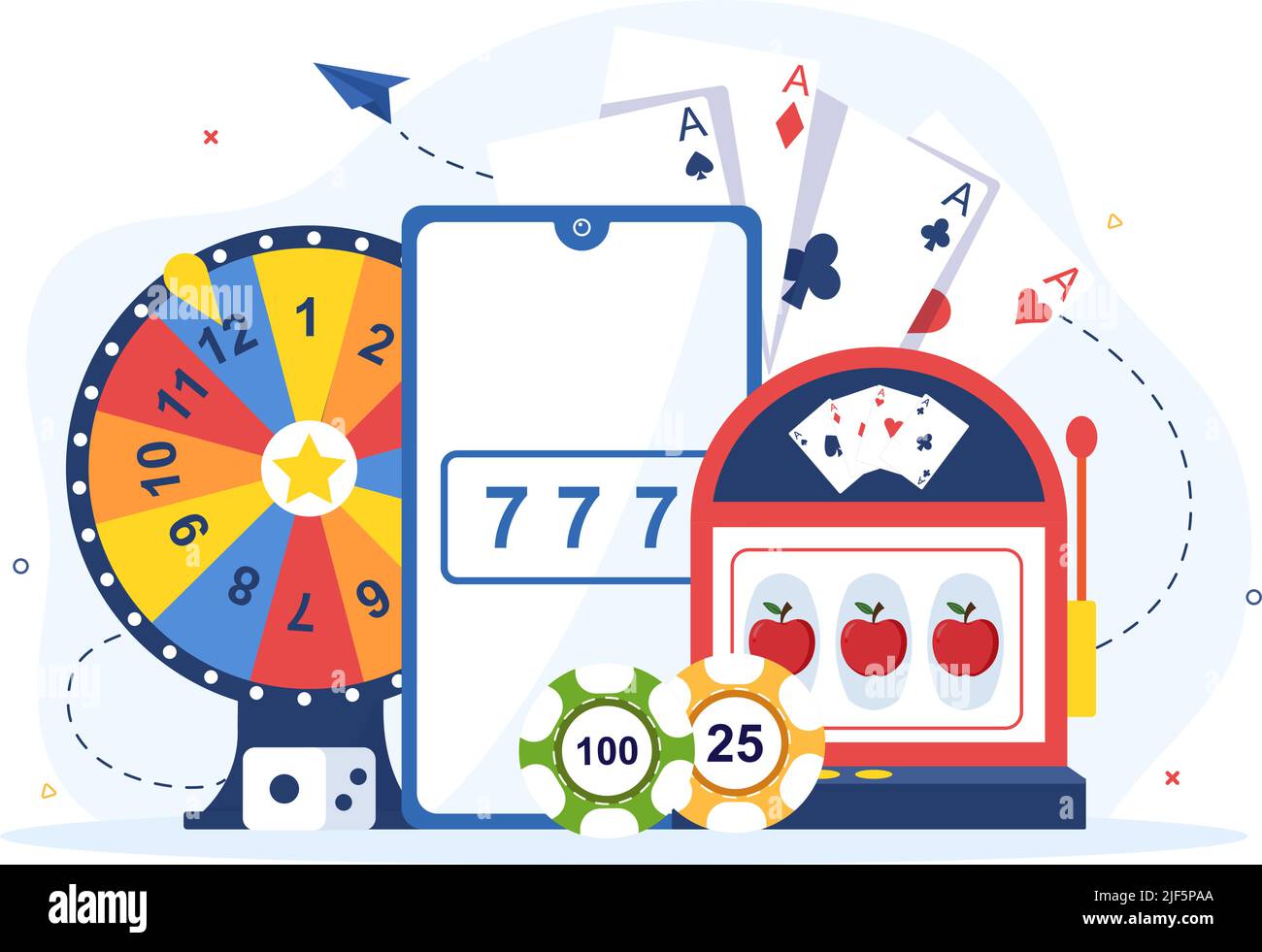 Casino Cartoon Illustration with Buttons, Slot Machine, Roulette, Poker ...