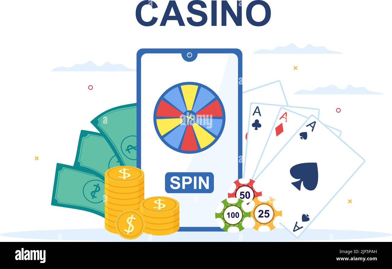 Casino Cartoon Illustration with Buttons, Slot Machine, Roulette, Poker ...