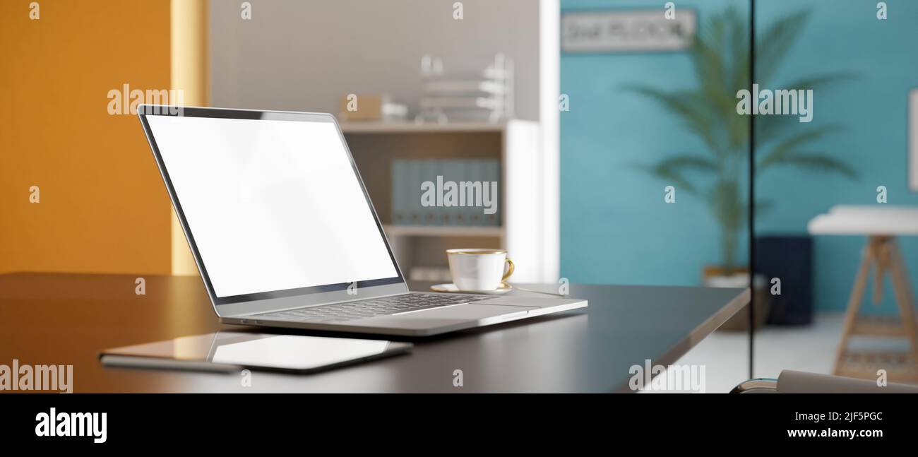 Modern Office Desk Workspace With Portable Notebook Laptop Computer