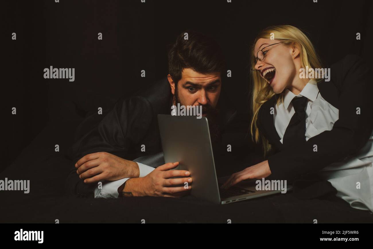 Business couple of stylish hipster guys and businesswoman discuss about ...