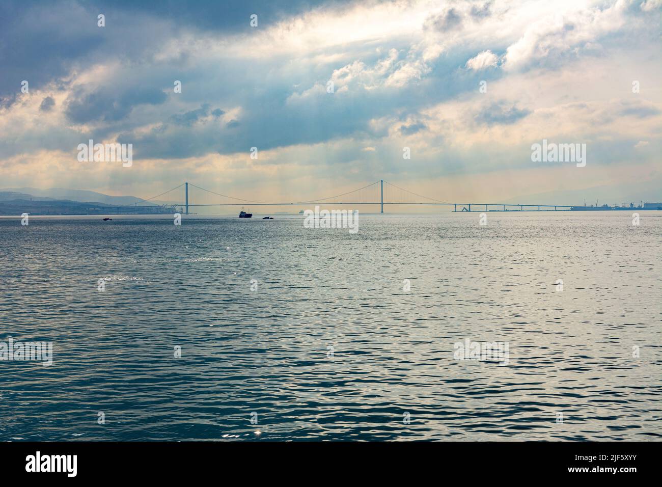 Bridge over the Sea of Marmara, sea surface and clouds in the sky. The ...