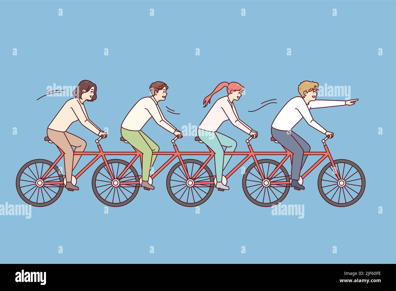 People riding one bike together. Business team on bicycle engaged in ...