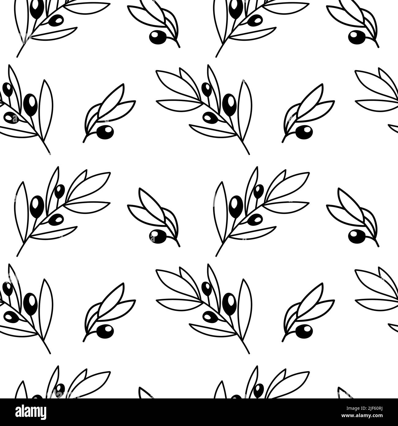A seamless pattern of olive branches, hand-drawn doodle elements. A ...