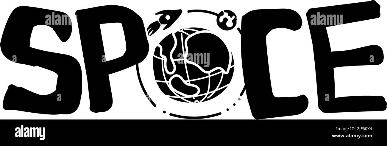 Logo for space tourism. Inscription with a rocket and a planet drawn in ...