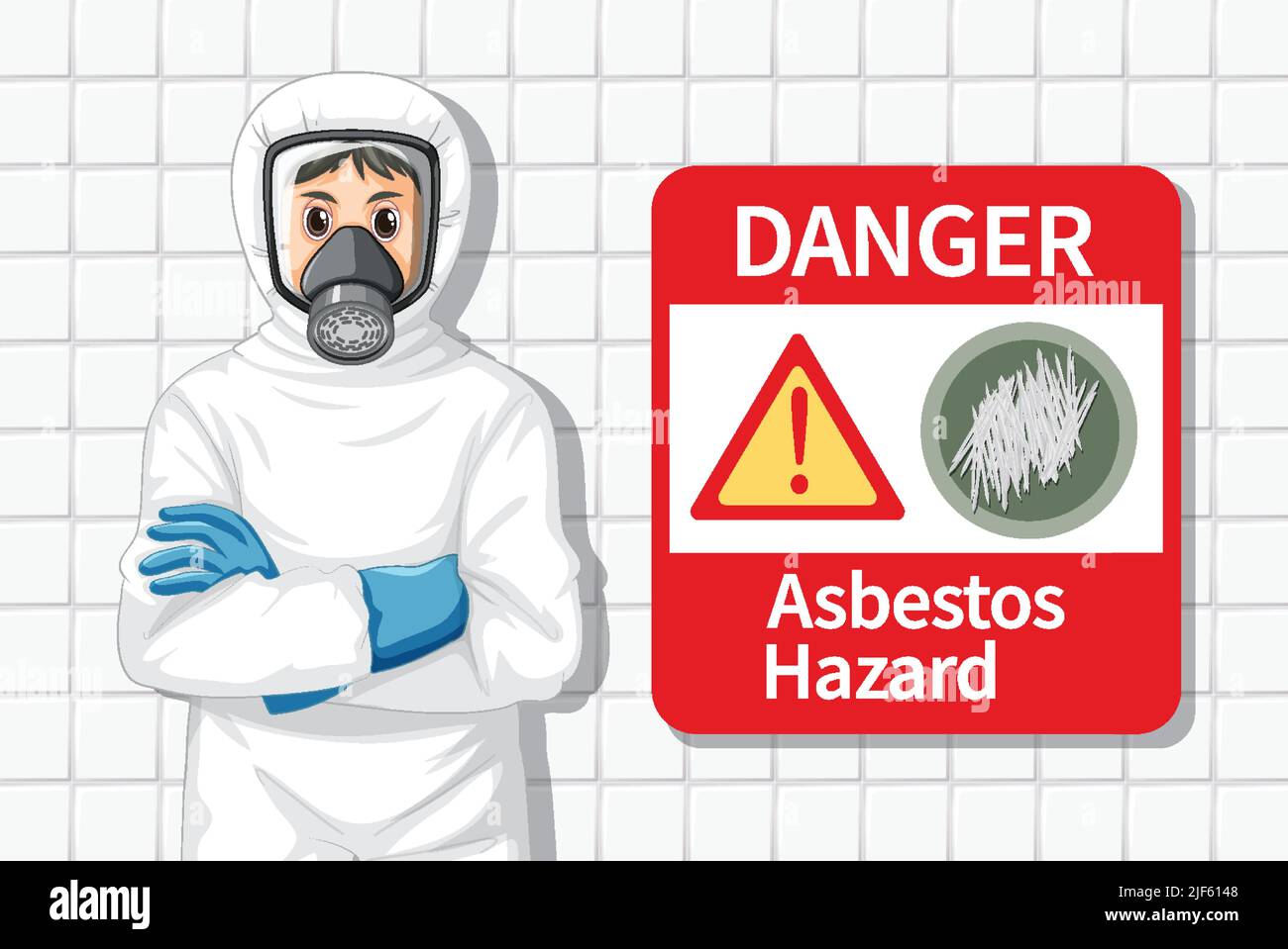 Man in protective hazmat suit with danger asbestos hazard sign ...