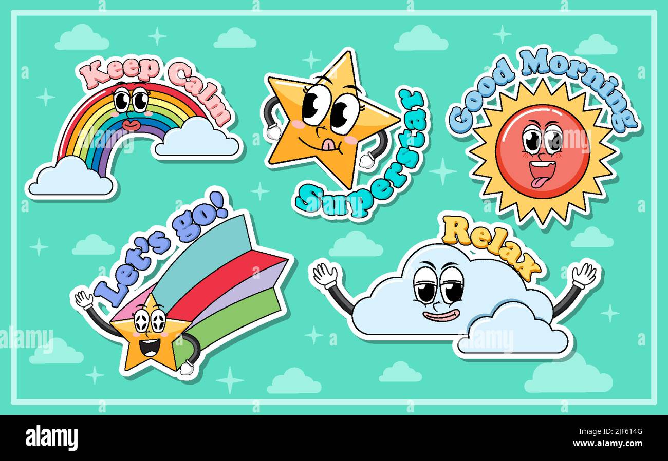 Set of sticker logo icon comic style illustration Stock Vector Image ...