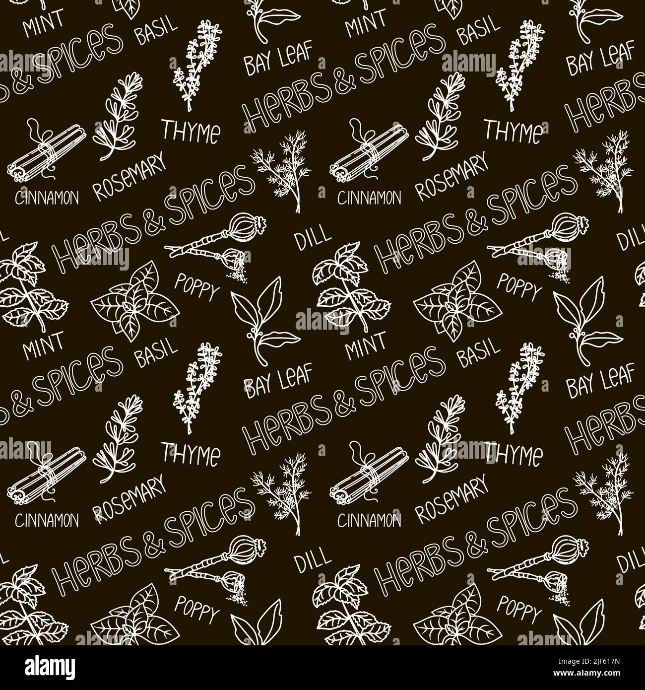 Seamless herbal pattern, drawn element in doodle style. Silhouettes of ...