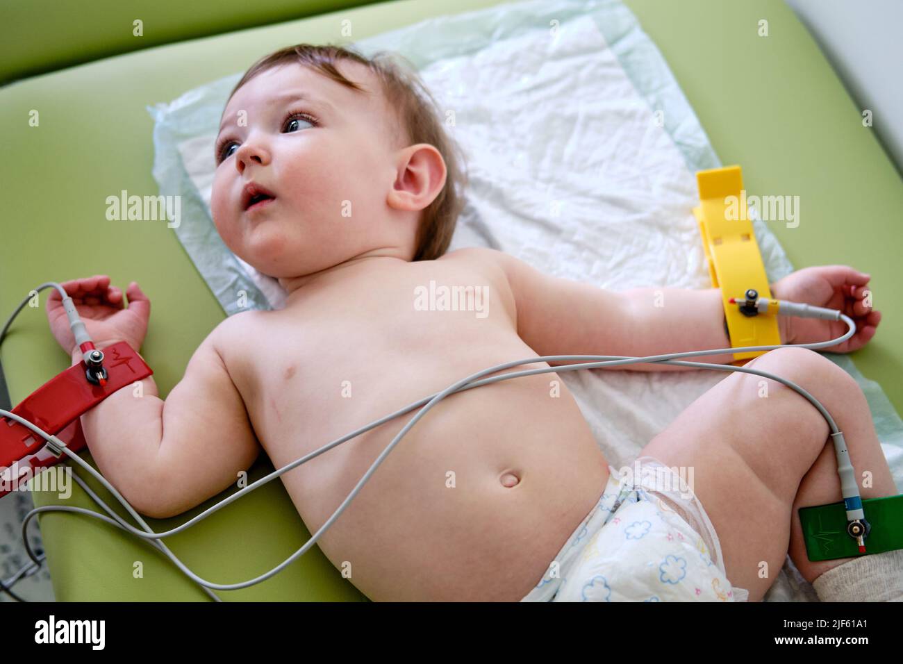 Doctor cardiologist pediatrician makes an electrocardiogram toddler baby boy. Doctor doing ecg ...