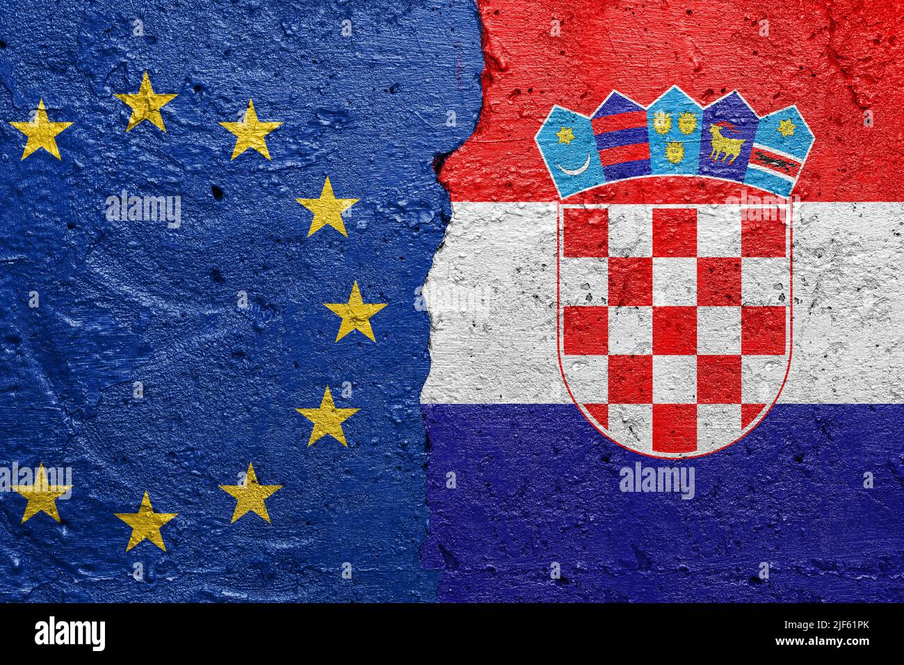 European Union EU and Croatia - Cracked concrete wall painted with a EU ...