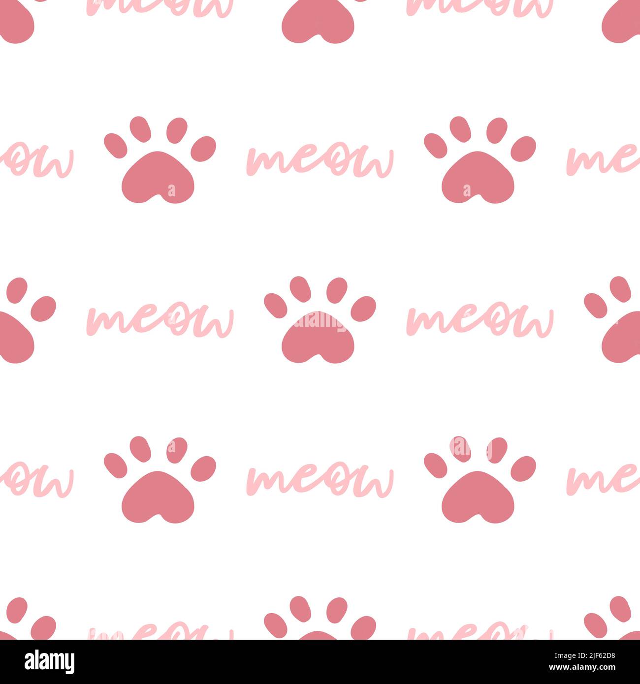 Pink cat seamless pattern. Meow and cat paws background vector illustration. Cute cartoon pastel ...