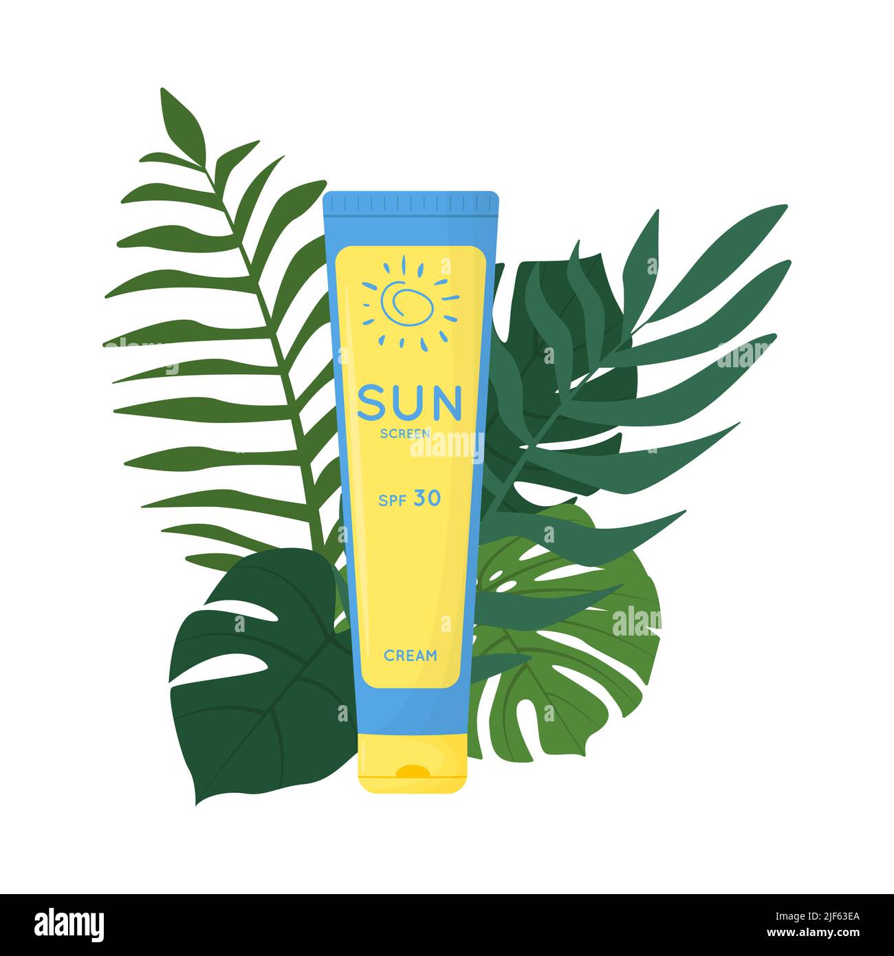 Skin care product on the ground of tropical leaves. Sun safety, UV ...