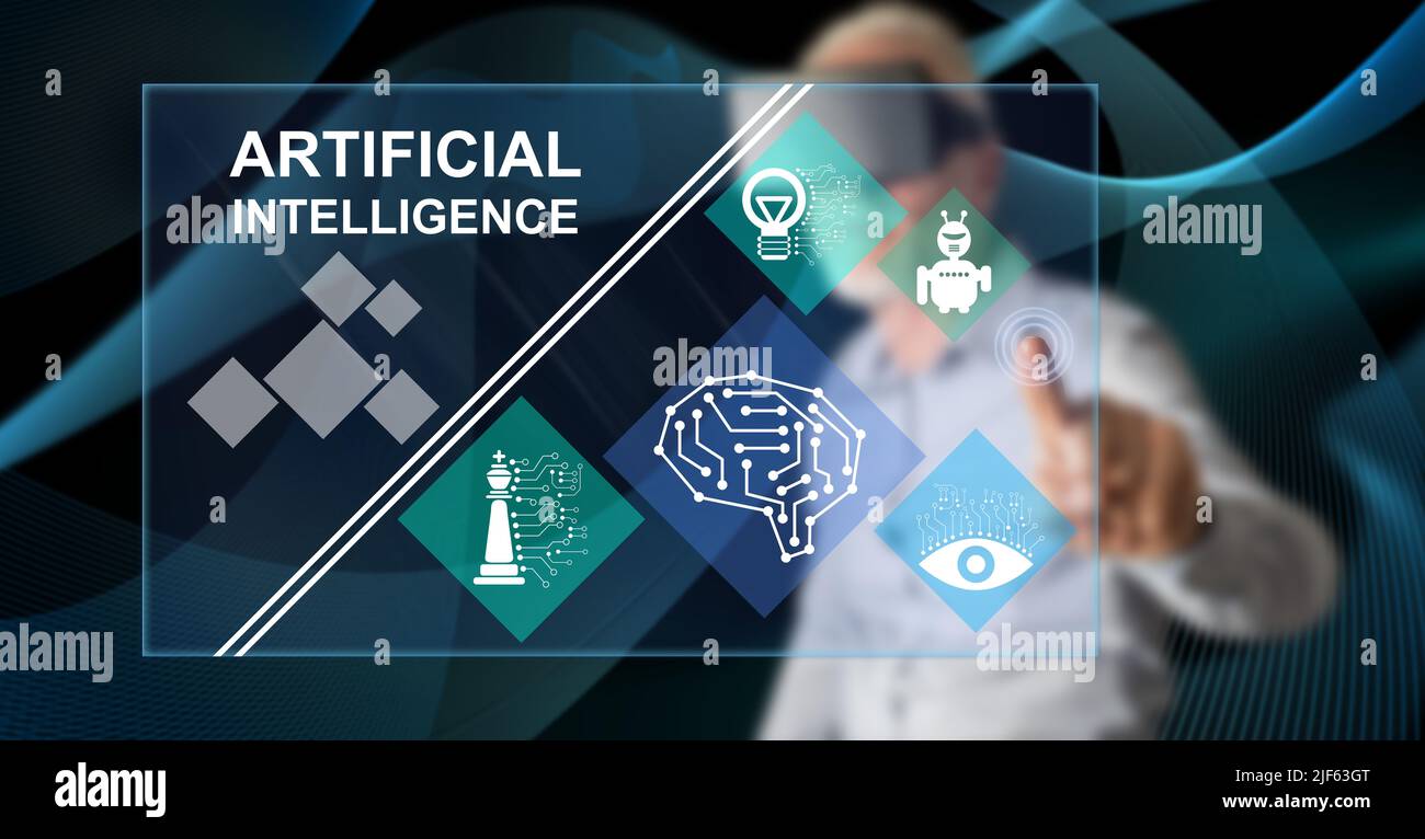 Man with vr headset touching an artificial intelligence concept on a touch screen with his ...