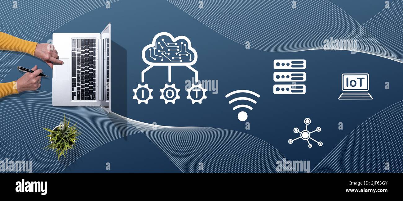 Top view of hands using laptop with symbol of iot concept Stock Photo ...