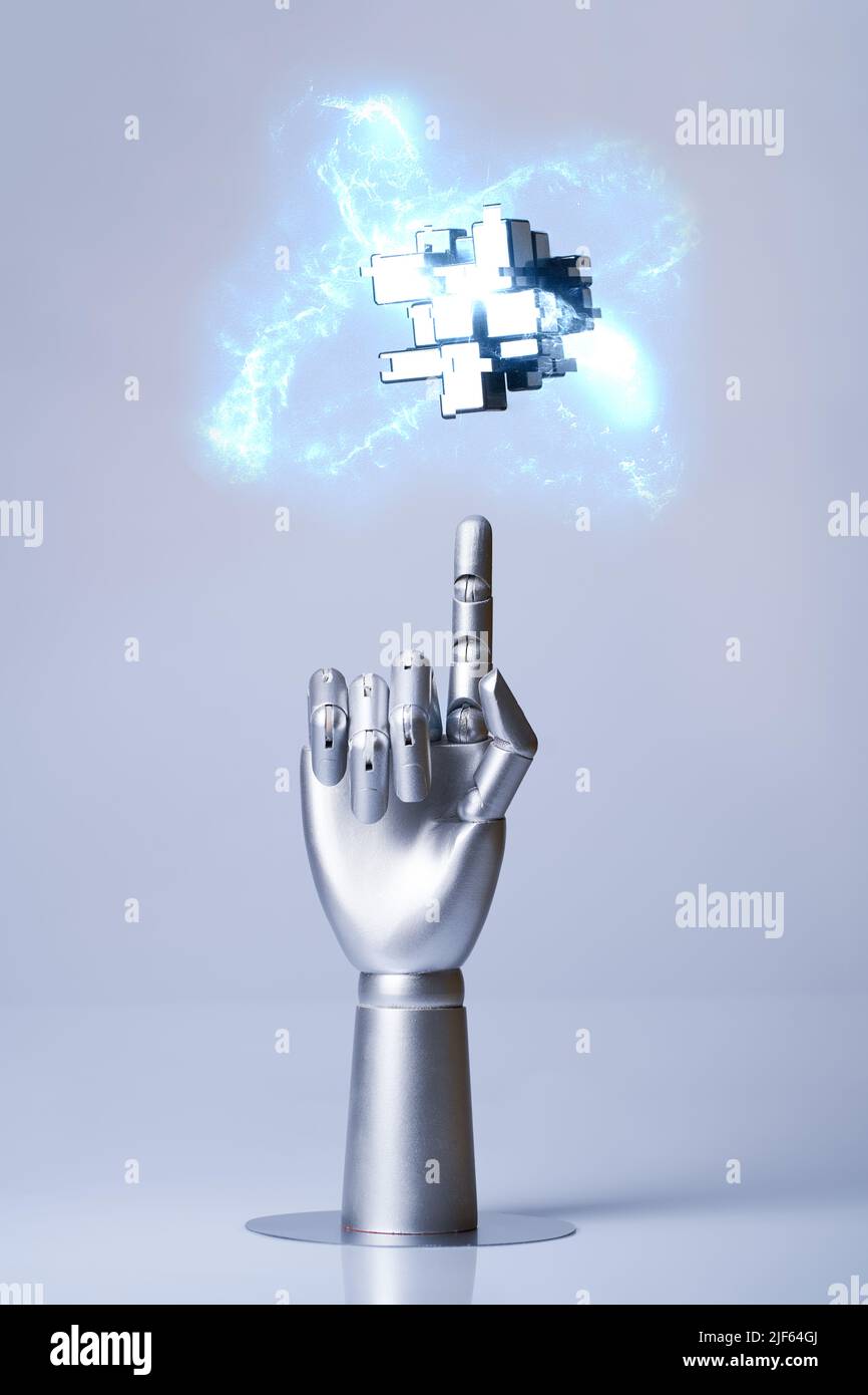 Mechanical robot arm or hand interacts with futuristic digital ...