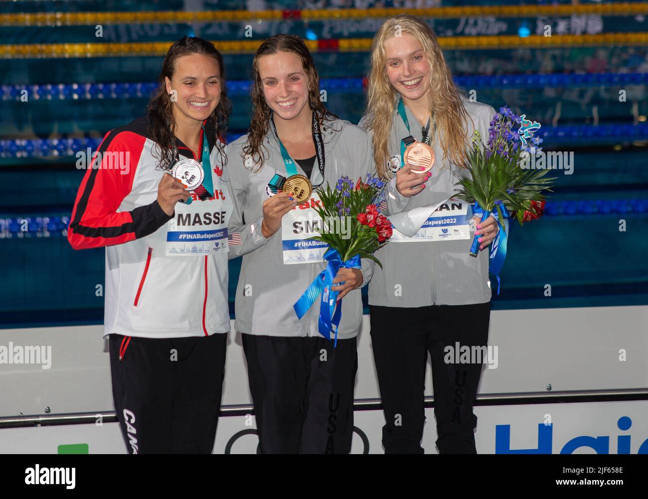 Killie Masse of Canada , Regan Smith and Claire Curzan of USA Podium ...
