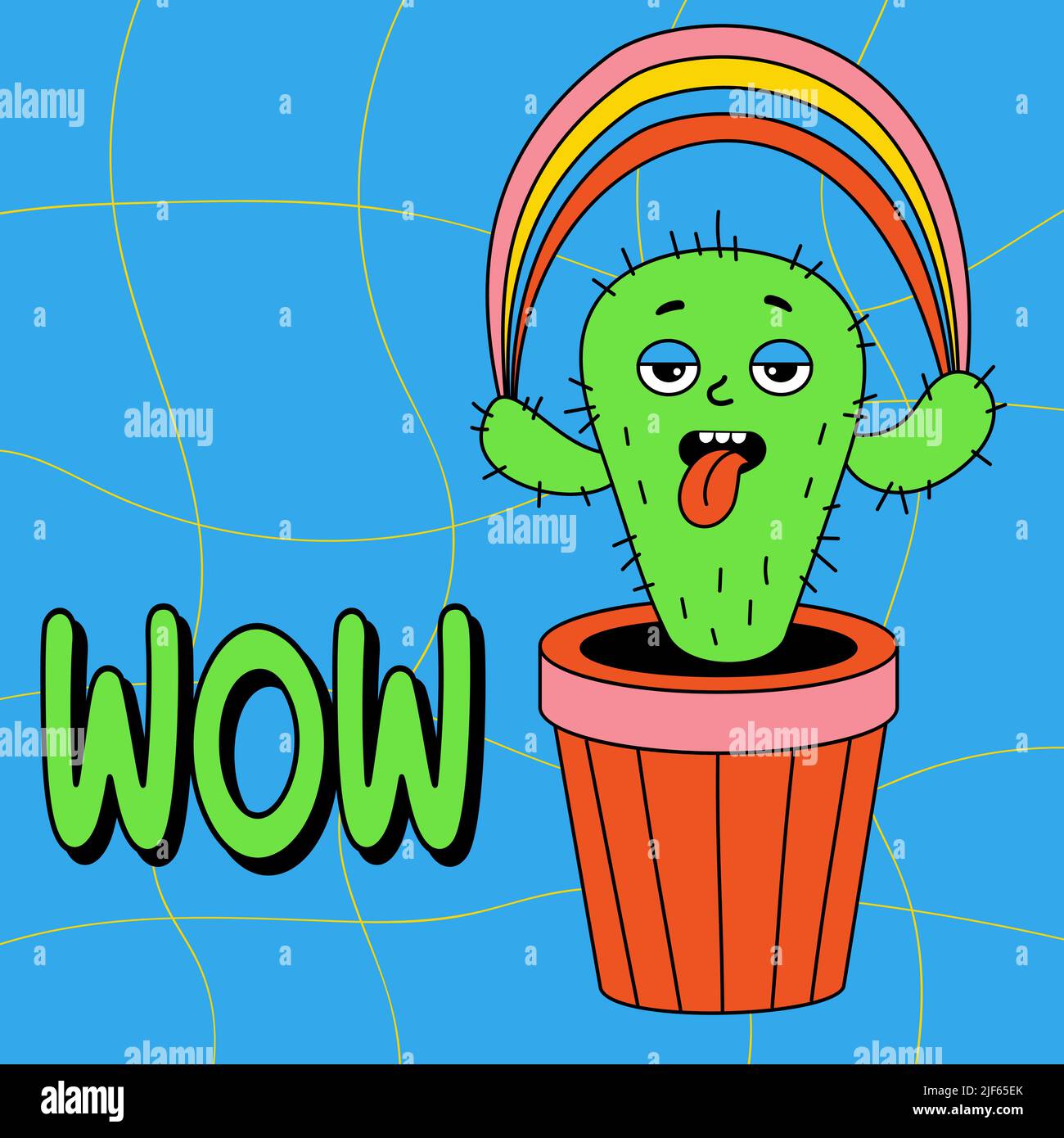 Funny cartoon character. Groovy element funky cactus with its tongue ...