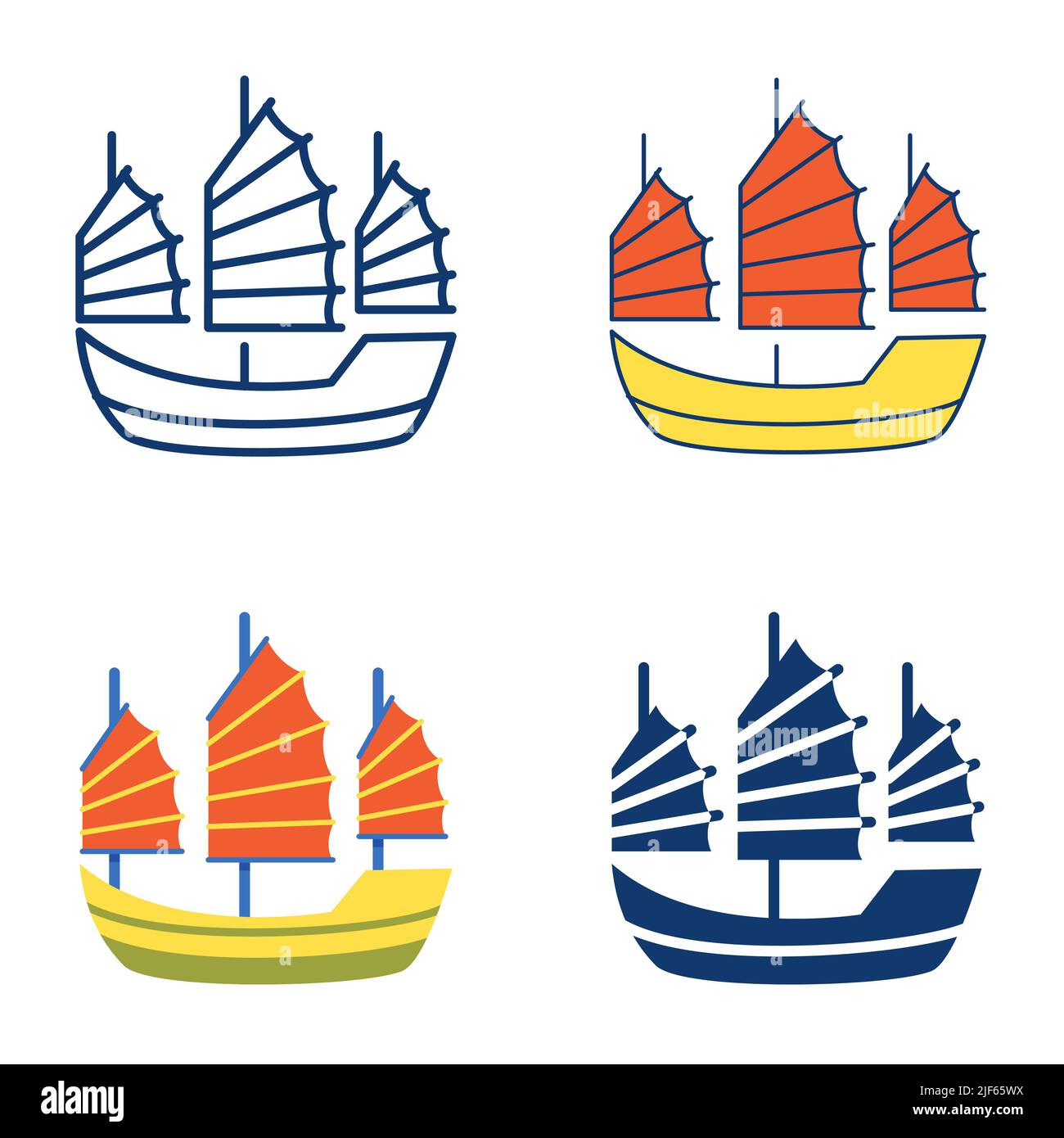 Asian junk boat icon set in flat and line style. Traditional sailing ...