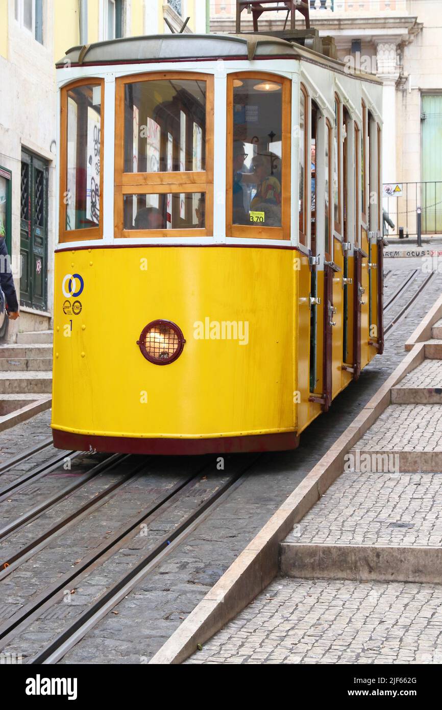 LISBON, PORTUGAL - JUNE 6, 2018: People ride the Bica Funicular ...