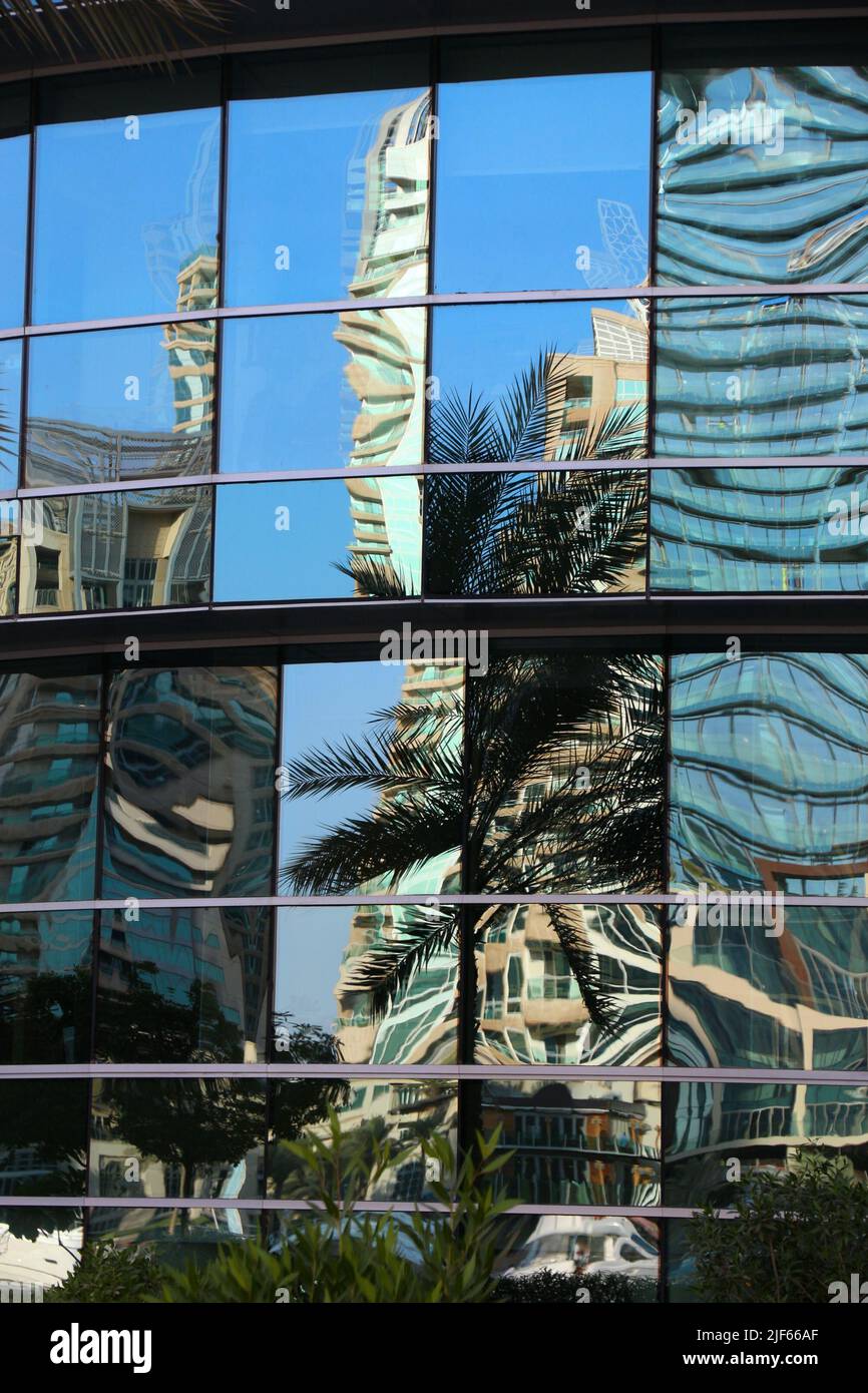 Dubai Marina architecture glass reflection. Dubai city, United Arab ...