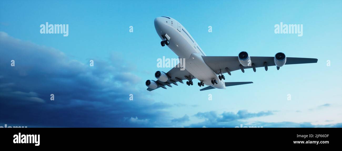 Conceptual flying white passenger jetliner or commercial plane after ...