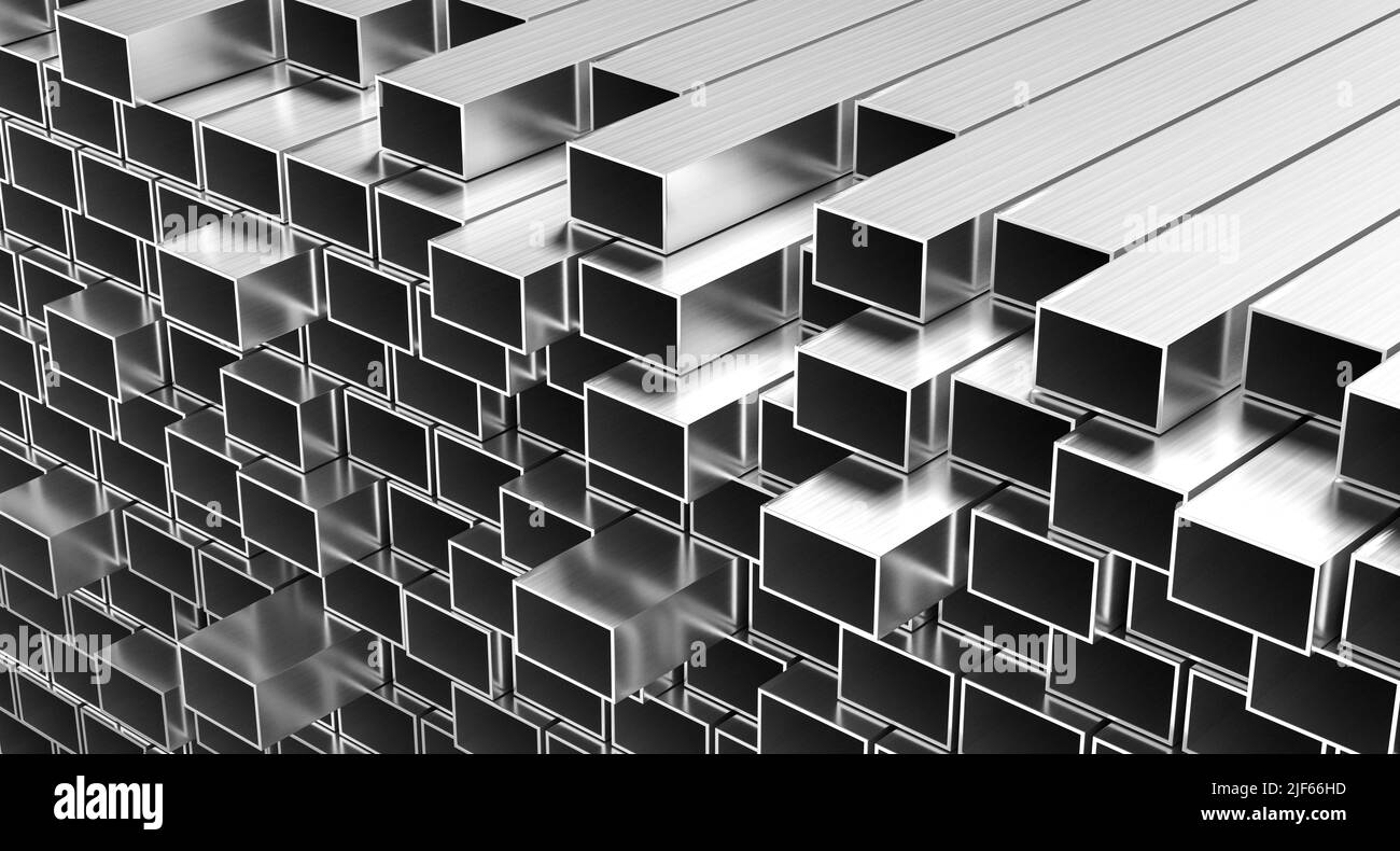 Aluminium or steel profiles background. Stack of alumunium or steel ...