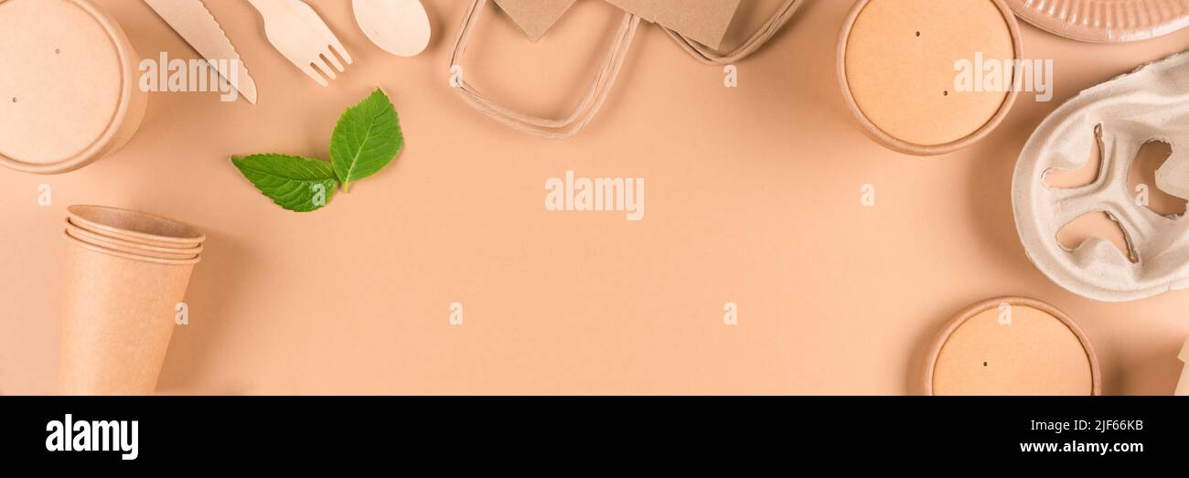 Banner for sustainable food packaging concept - kraft paper utensils ...