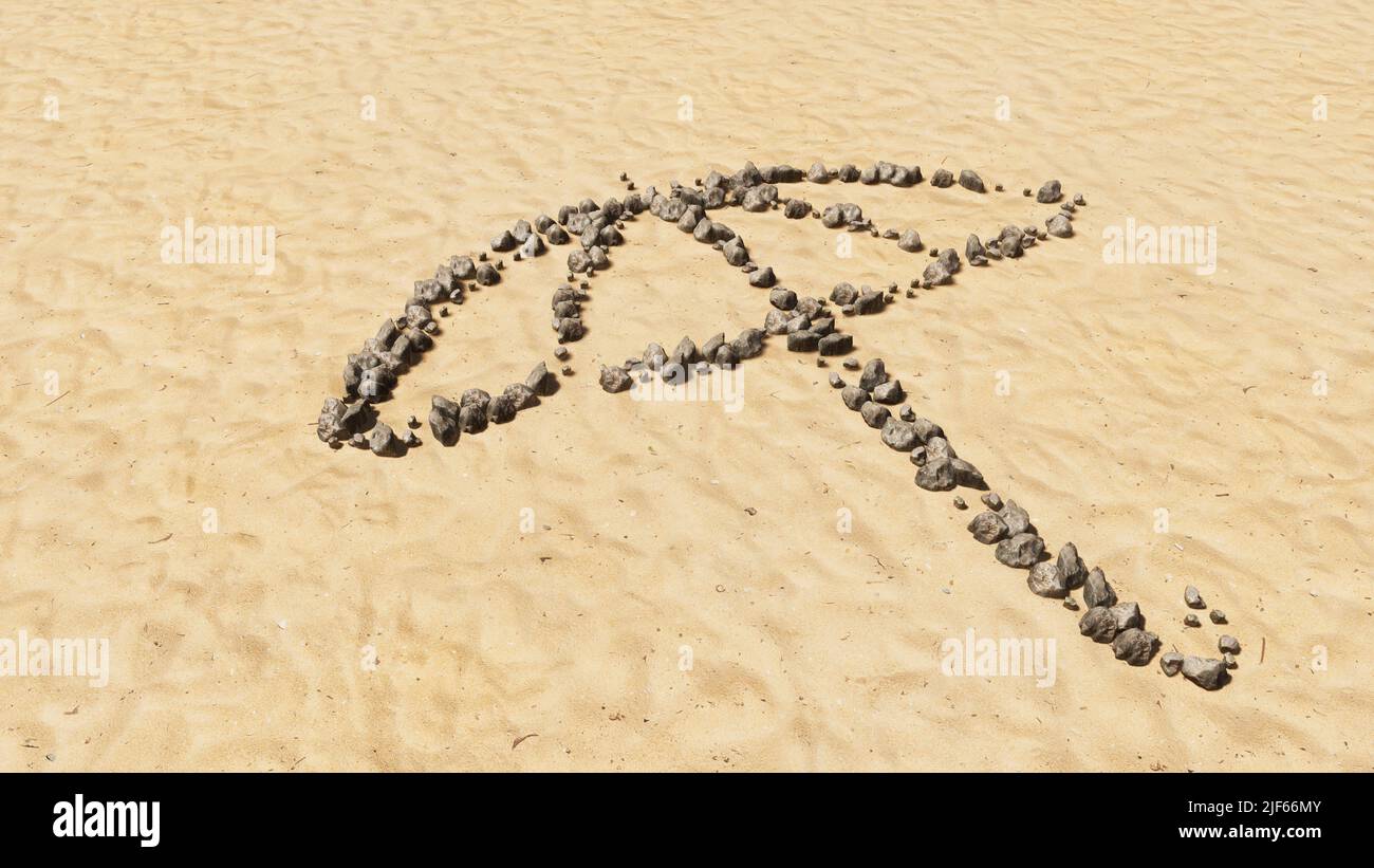 Concept conceptual stones on beach sand handmade symbol shape, golden ...